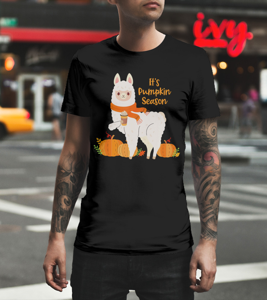 It's Pumpkin Season Llama With Autumn Leaves And Pumpkins T-Shirt