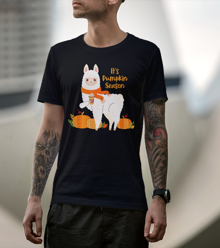 It's Pumpkin Season Llama With Autumn Leaves And Pumpkins T-Shirt