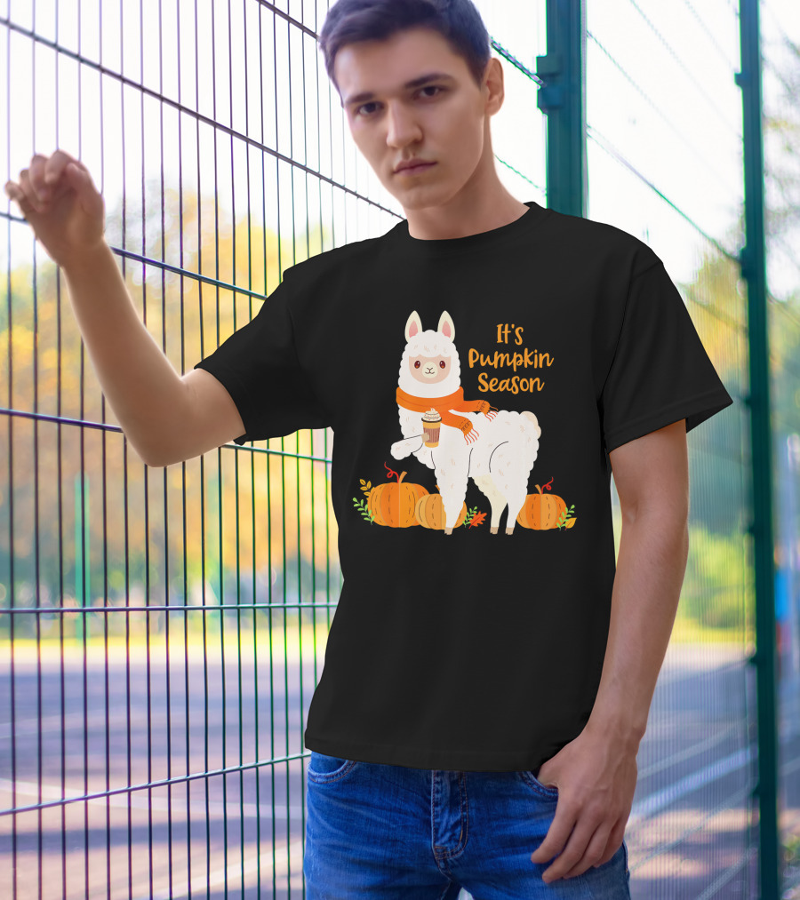 It's Pumpkin Season Llama With Autumn Leaves And Pumpkins T-Shirt
