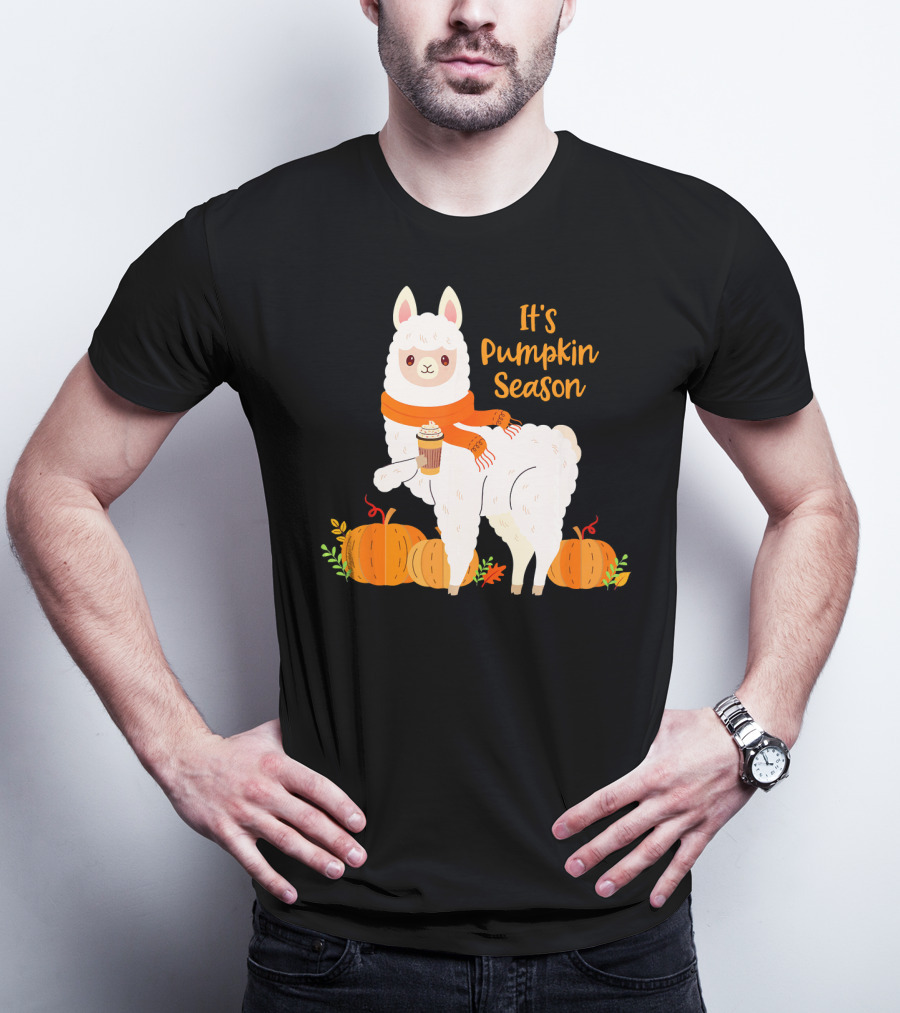 It's Pumpkin Season Llama With Autumn Leaves And Pumpkins T-Shirt