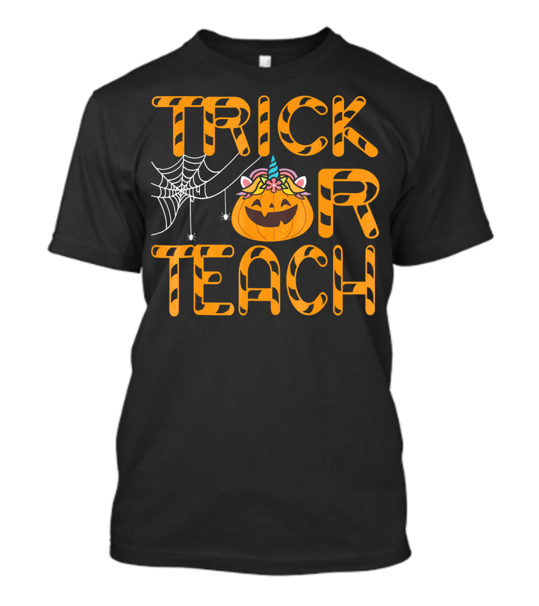 Trick Or Teach Funny Pumpkin Unicorn With Spider Web T-Shirt