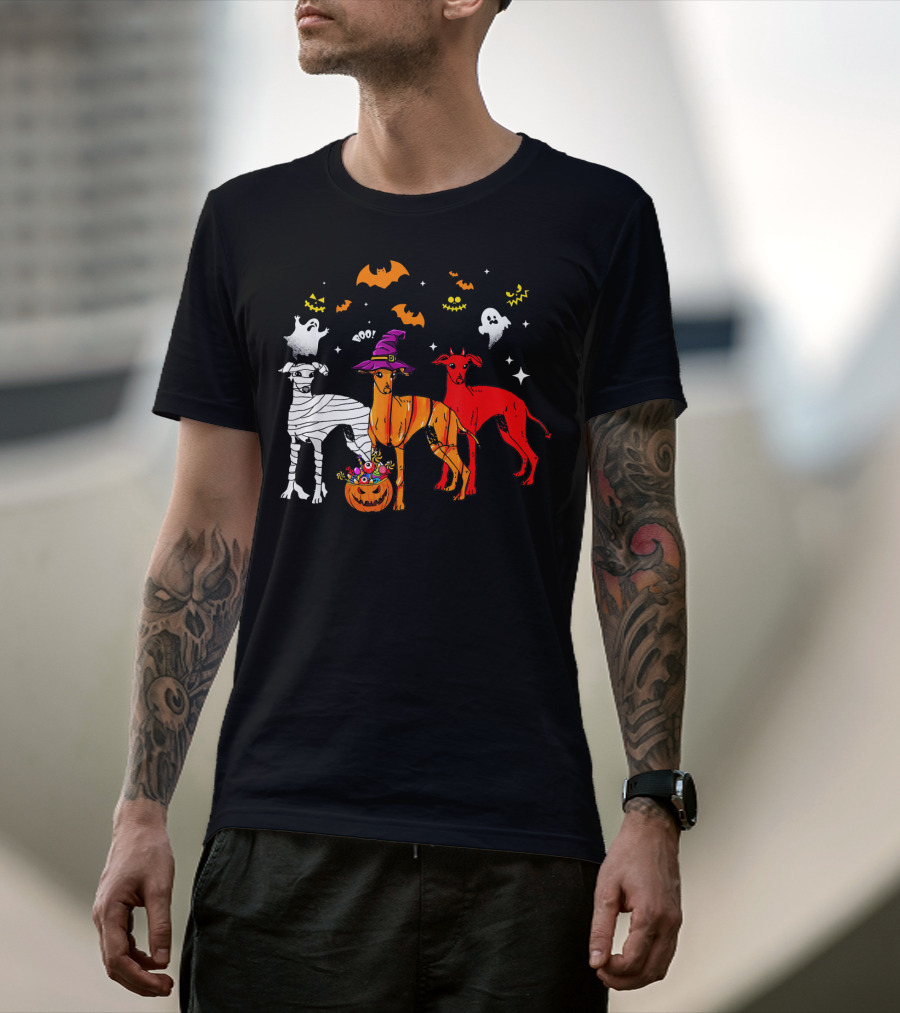 Halloween Italian Greyhound Dogs In Witch, Mummy, And Pumpkin Costumes With Ghosts And Bats T-Shirt