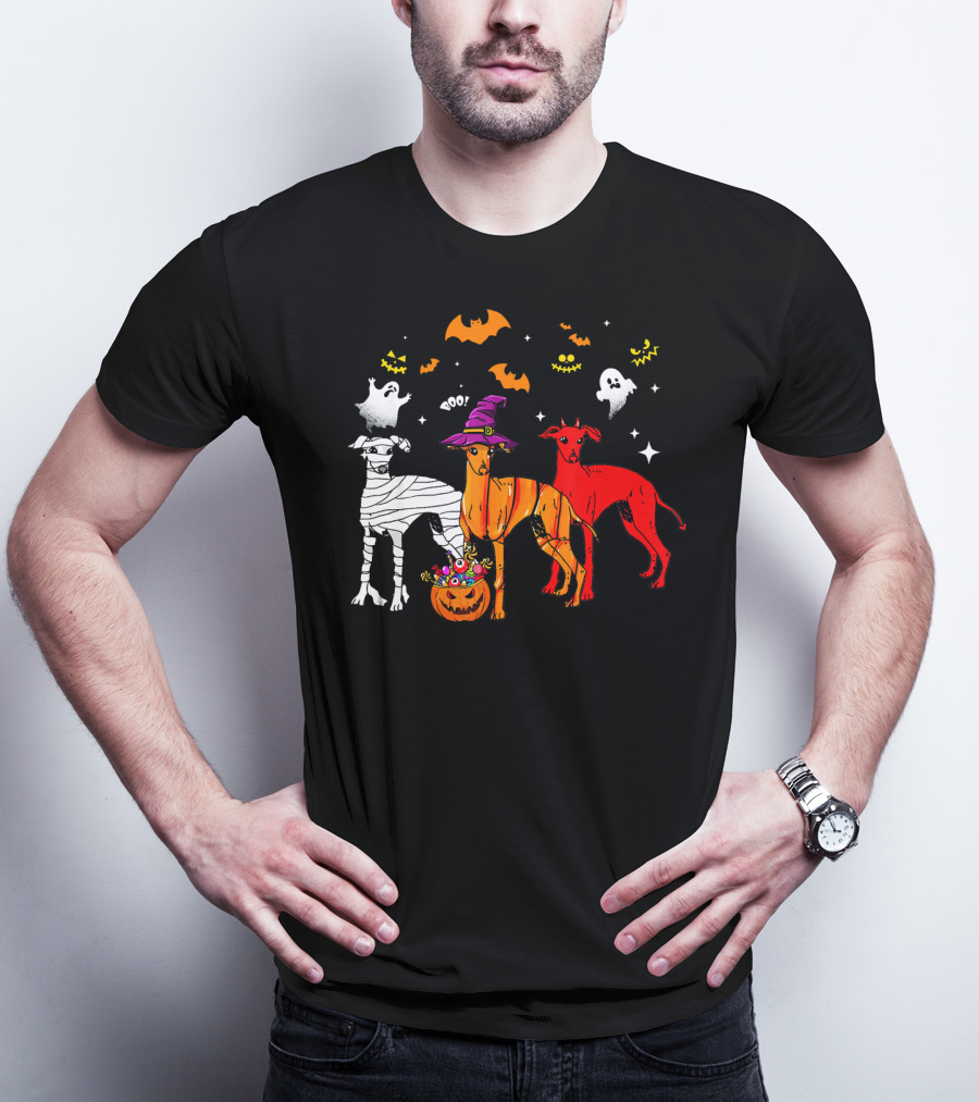 Halloween Italian Greyhound Dogs In Witch, Mummy, And Pumpkin Costumes With Ghosts And Bats T-Shirt
