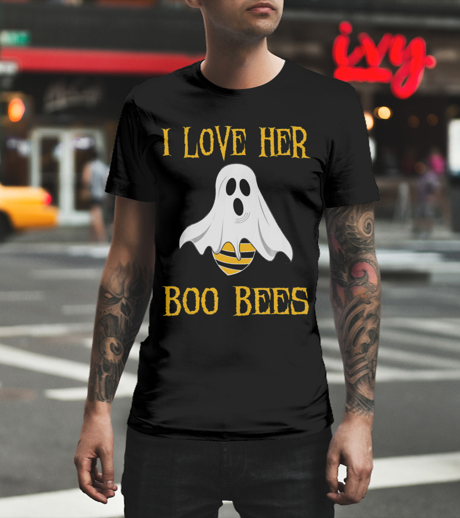 I Love Her Boo Bees Funny Couple Matching Halloween Ghost And Bee T-Shirt
