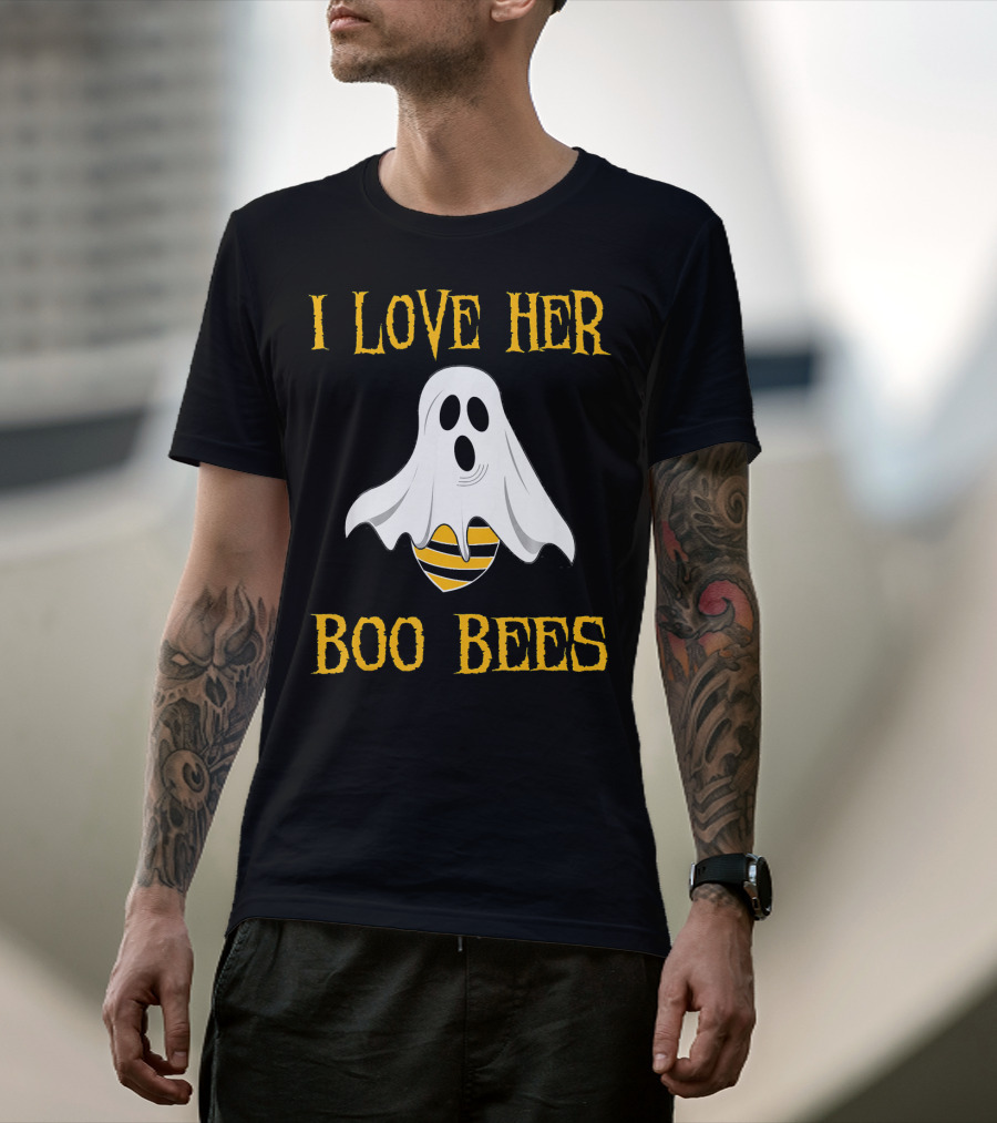 I Love Her Boo Bees Funny Couple Matching Halloween Ghost And Bee T-Shirt