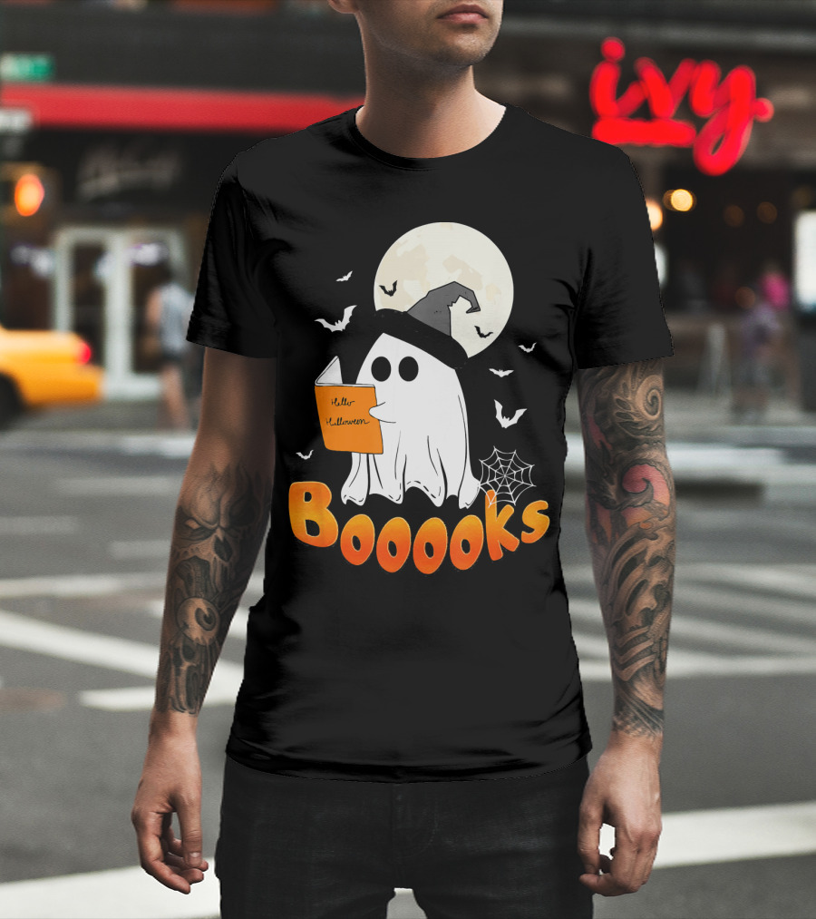 Boooks Ghost Reading Halloween Bats Moon Hat T-Shirt