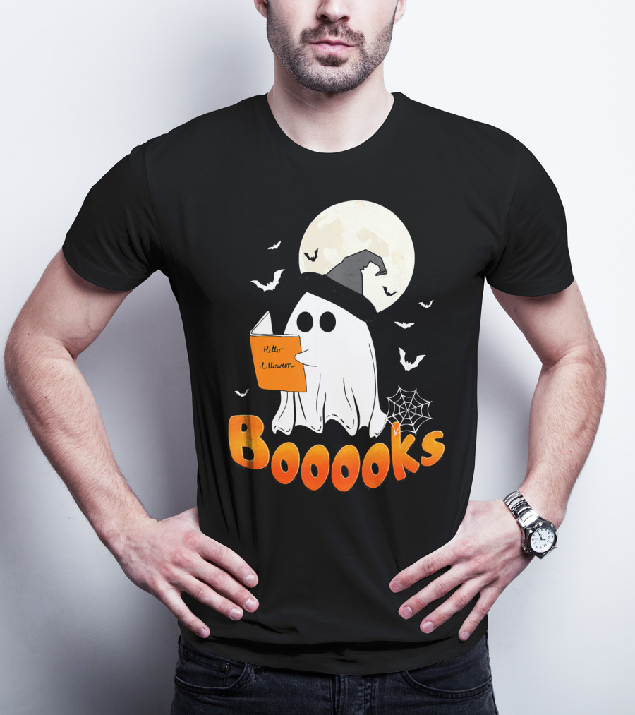 Boooks Ghost Reading Halloween Bats Moon Hat T-Shirt