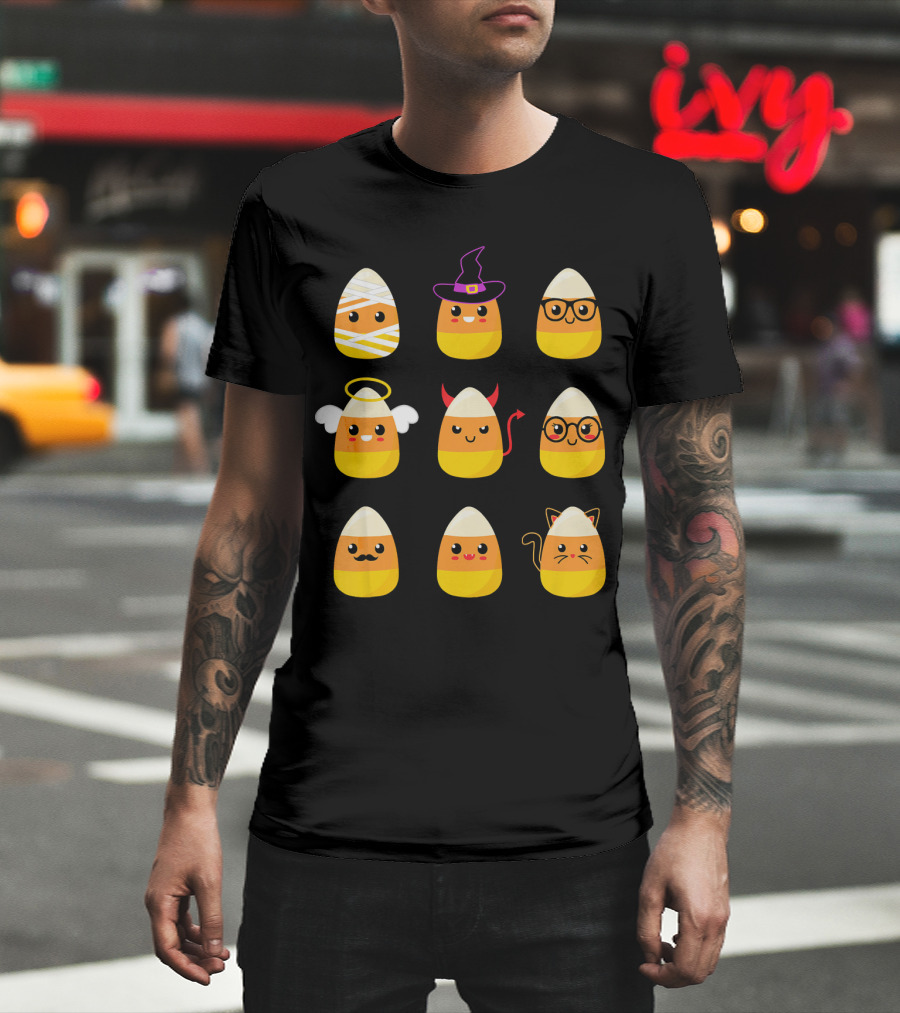 Candy Corn Characters Witch Angel Devil Cat Mummy Nerd Mustache T-Shirt
