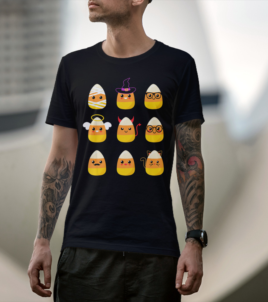 Candy Corn Characters Witch Angel Devil Cat Mummy Nerd Mustache T-Shirt
