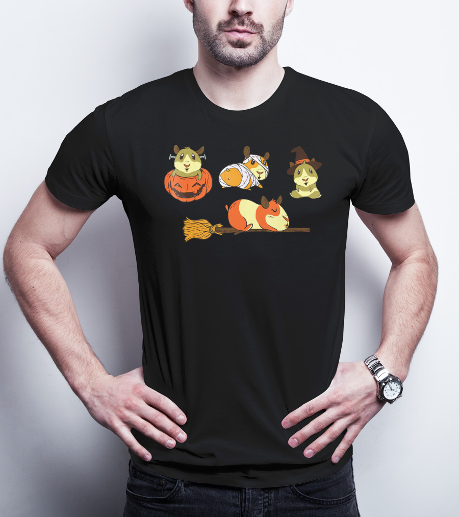 Funny Halloween Guinea Pigs With Witch And Pumpkin Costumes T-Shirt