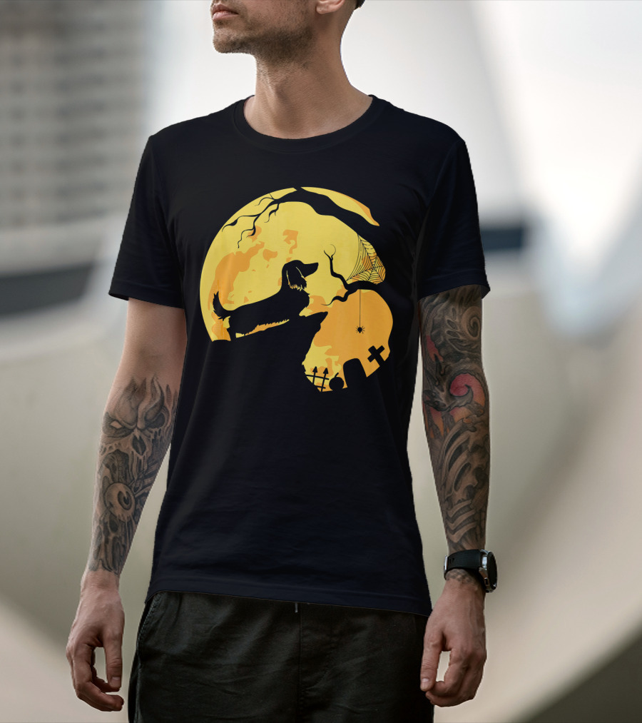 Dachshund Silhouette On Cliff With Full Moon And Halloween Graveyard Scene T-Shirt