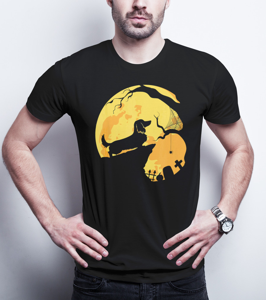 Dachshund Silhouette On Cliff With Full Moon And Halloween Graveyard Scene T-Shirt