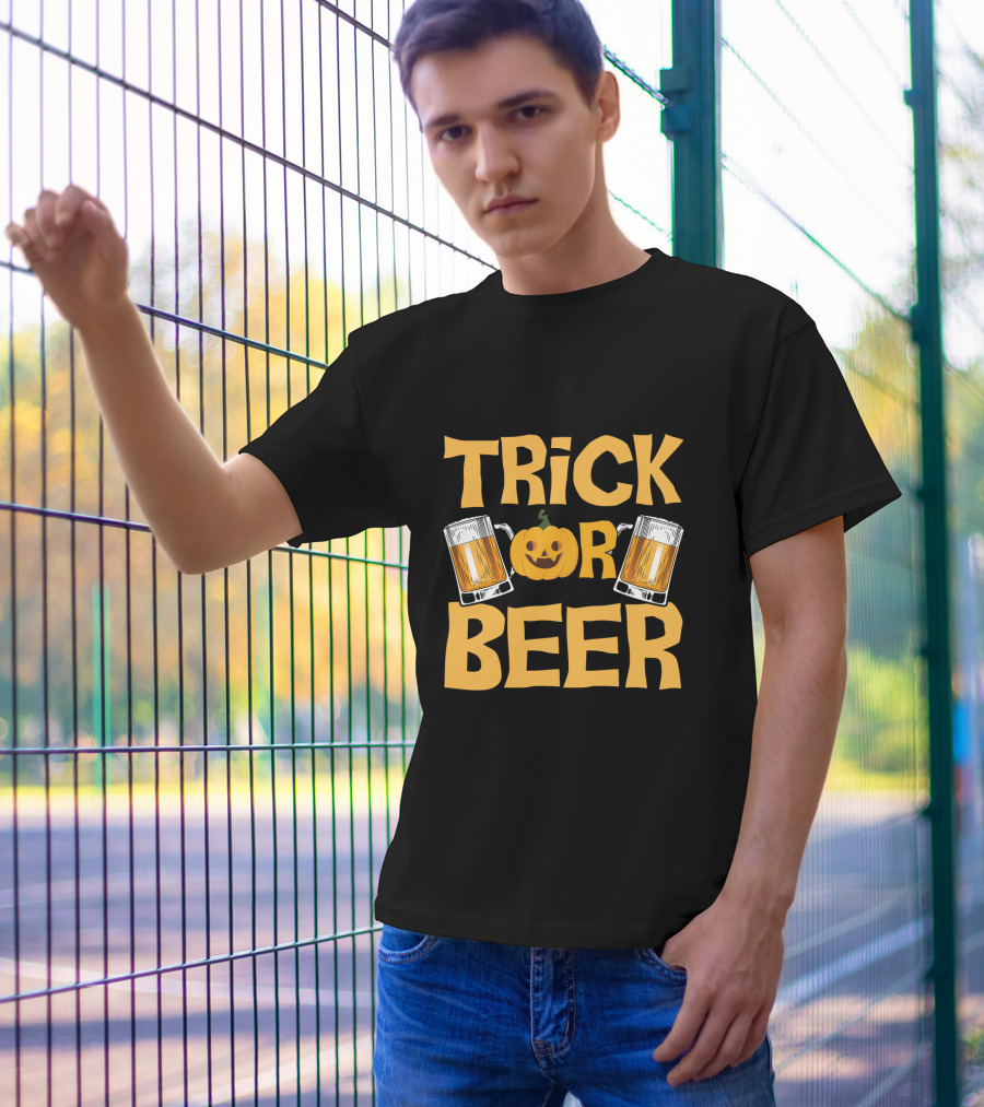 Trick Or Beer Funny Halloween Pumpkin Drinking T-Shirt