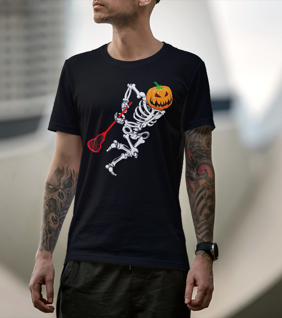 Skeleton Pumpkin Lacrosse Halloween T-Shirt