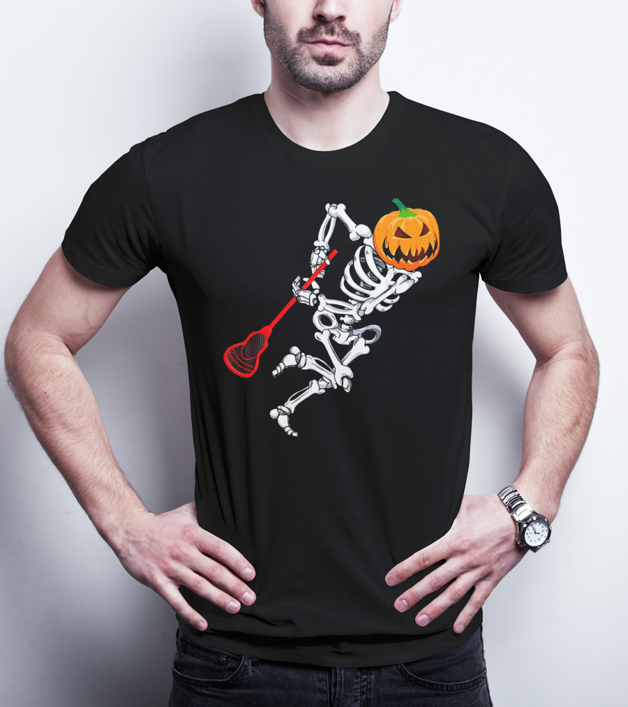 Skeleton Pumpkin Lacrosse Halloween T-Shirt