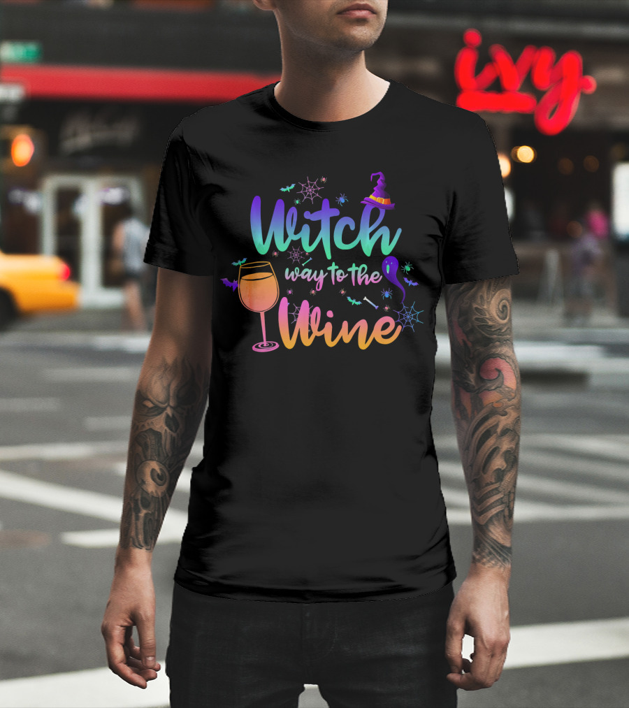 Witch Way To The Wine Halloween Drinking Colorful Witch Hat Wine Glass Spiders Bats T-Shirt