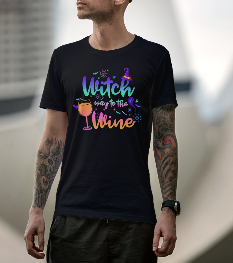 Witch Way To The Wine Halloween Drinking Colorful Witch Hat Wine Glass Spiders Bats T-Shirt