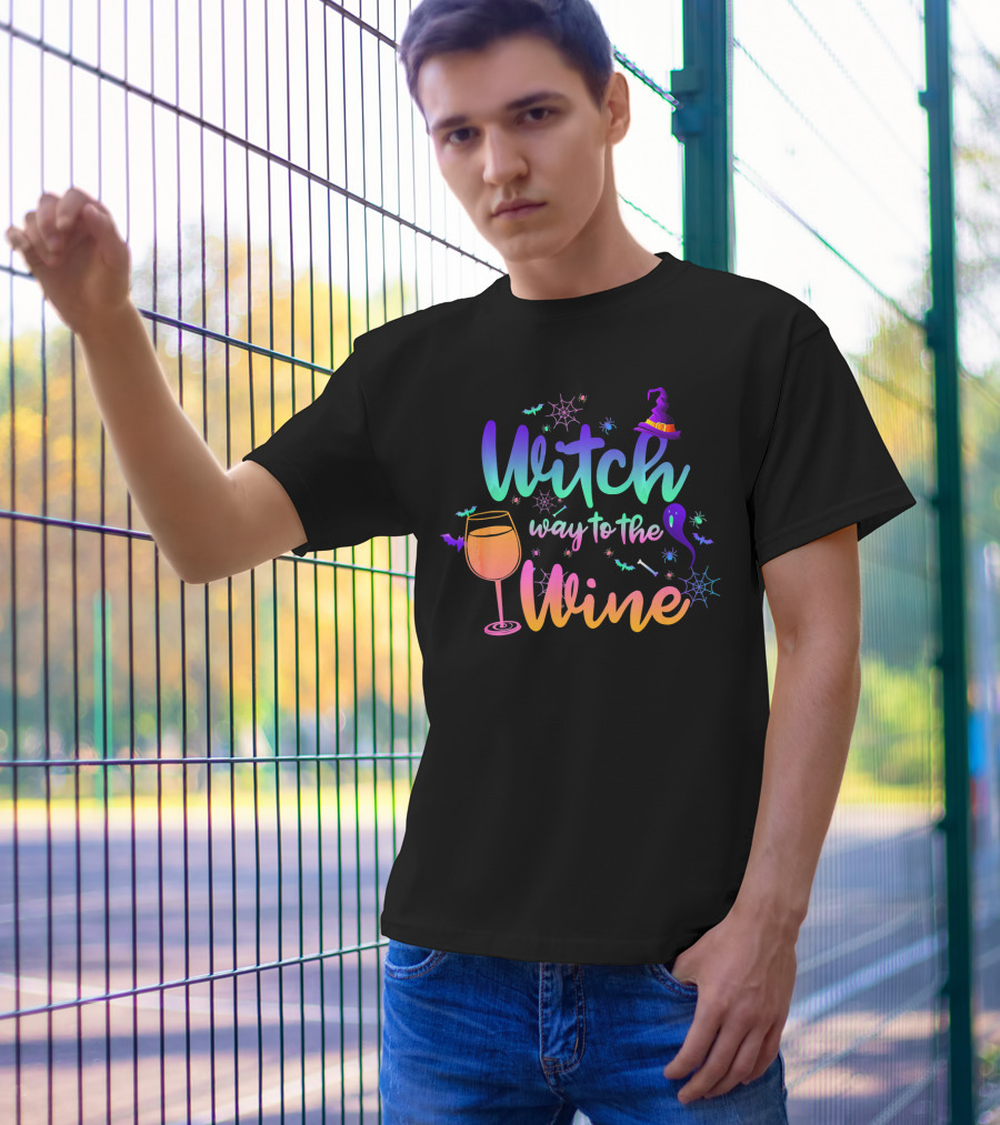 Witch Way To The Wine Halloween Drinking Colorful Witch Hat Wine Glass Spiders Bats T-Shirt