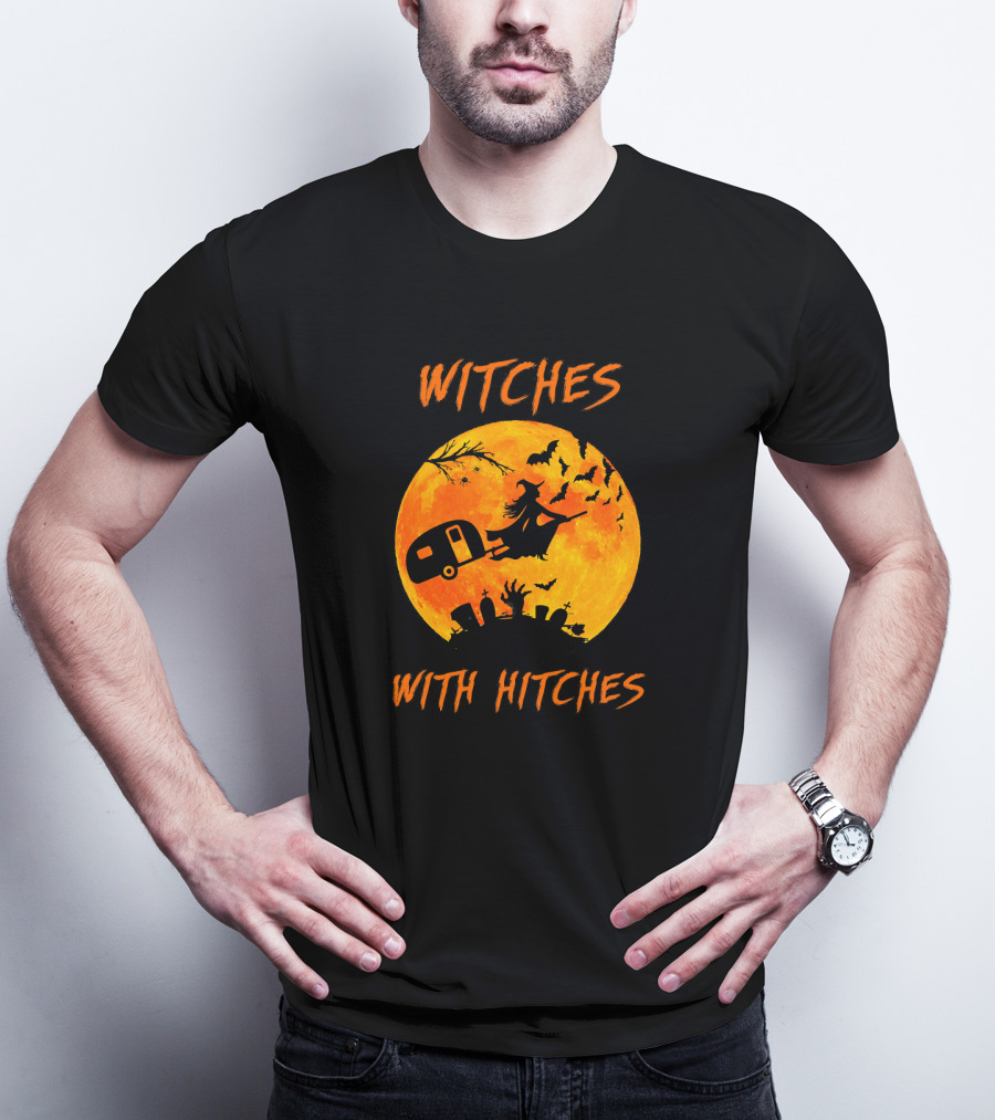 Witches With Hitches Halloween Moon Bats Graveyard Scene T-Shirt
