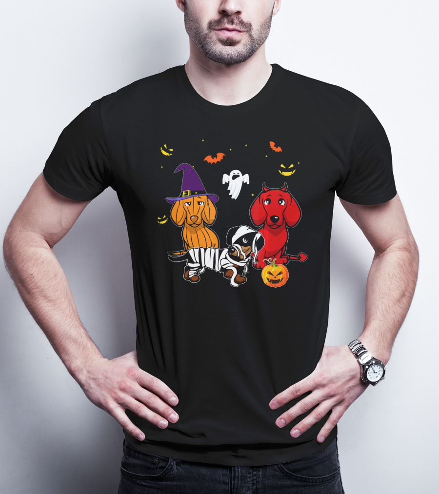 Dachshund In Witch, Devil, And Mummy Costumes With Pumpkin And Ghost T-Shirt