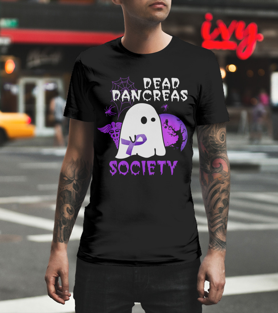Dead Pancreas Society Ghost With Purple Ribbon Halloween T-Shirt