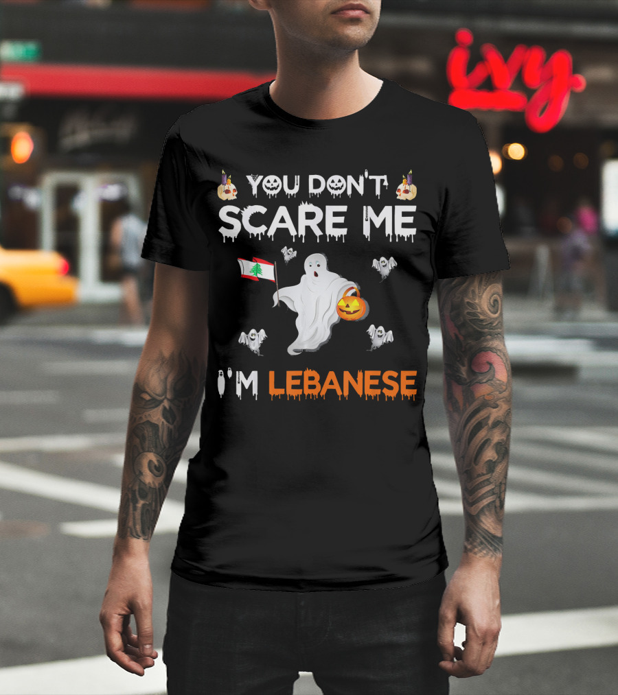 You Don't Scare Me I'm Lebanese Ghost With Lebanese Flag And Pumpkin Halloween T-Shirt