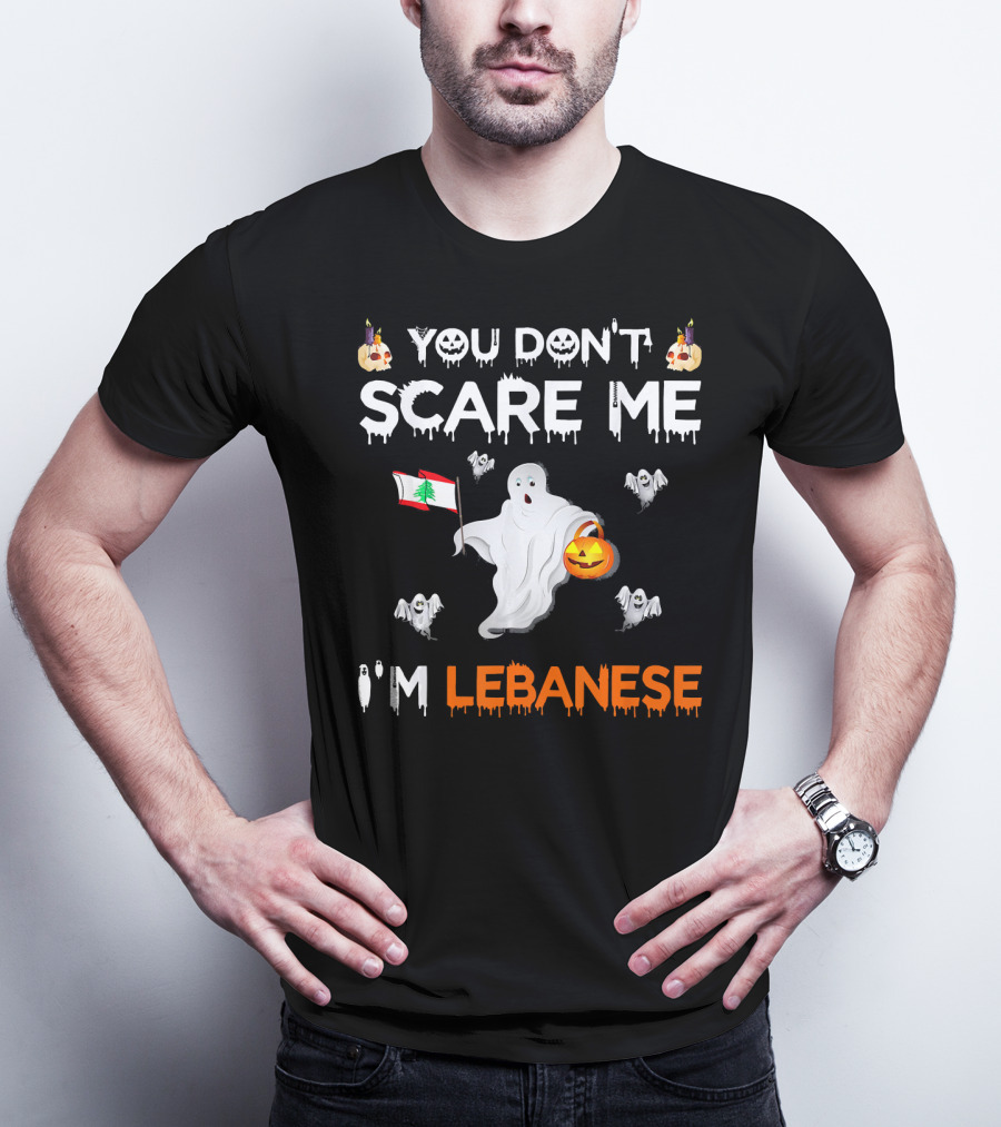 You Don't Scare Me I'm Lebanese Ghost With Lebanese Flag And Pumpkin Halloween T-Shirt