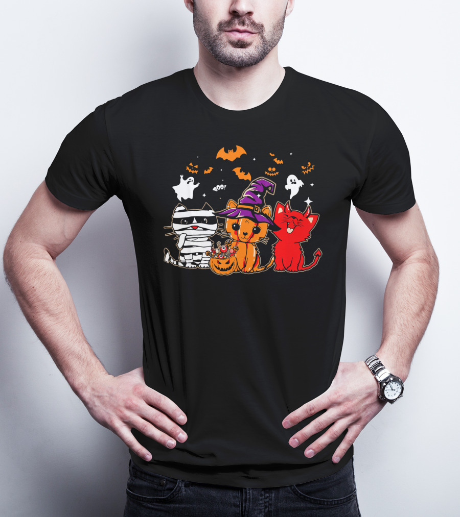 Funny Cat Trio In Halloween Costumes With Ghosts And Pumpkins T-Shirt