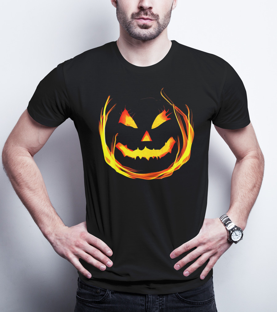Fun And Spooky Fiery Jack O Lantern Halloween Pumpkin Face T-Shirt