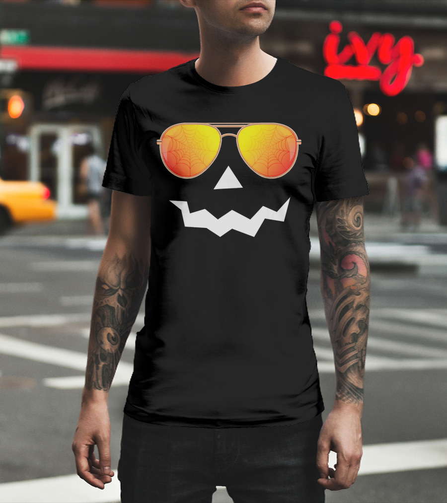 Halloween Jack O Lantern With Sunglasses And Spider Web Reflection T-Shirt