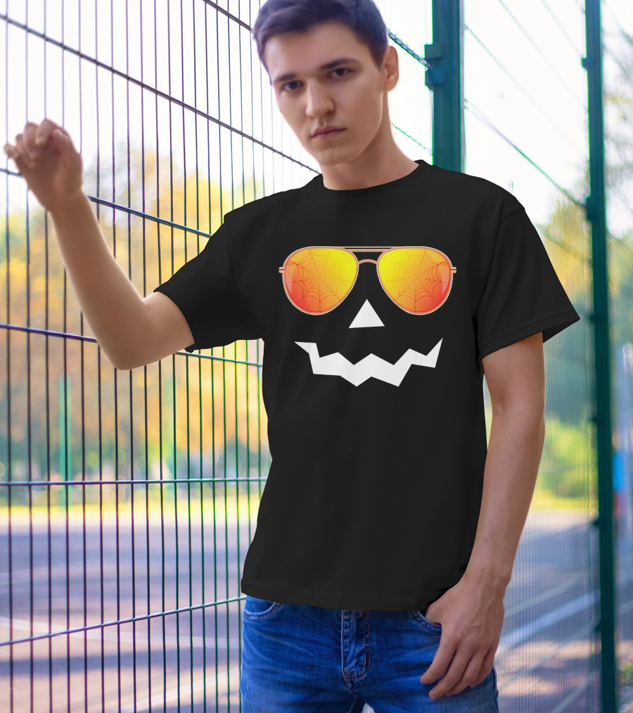 Halloween Jack O Lantern With Sunglasses And Spider Web Reflection T-Shirt