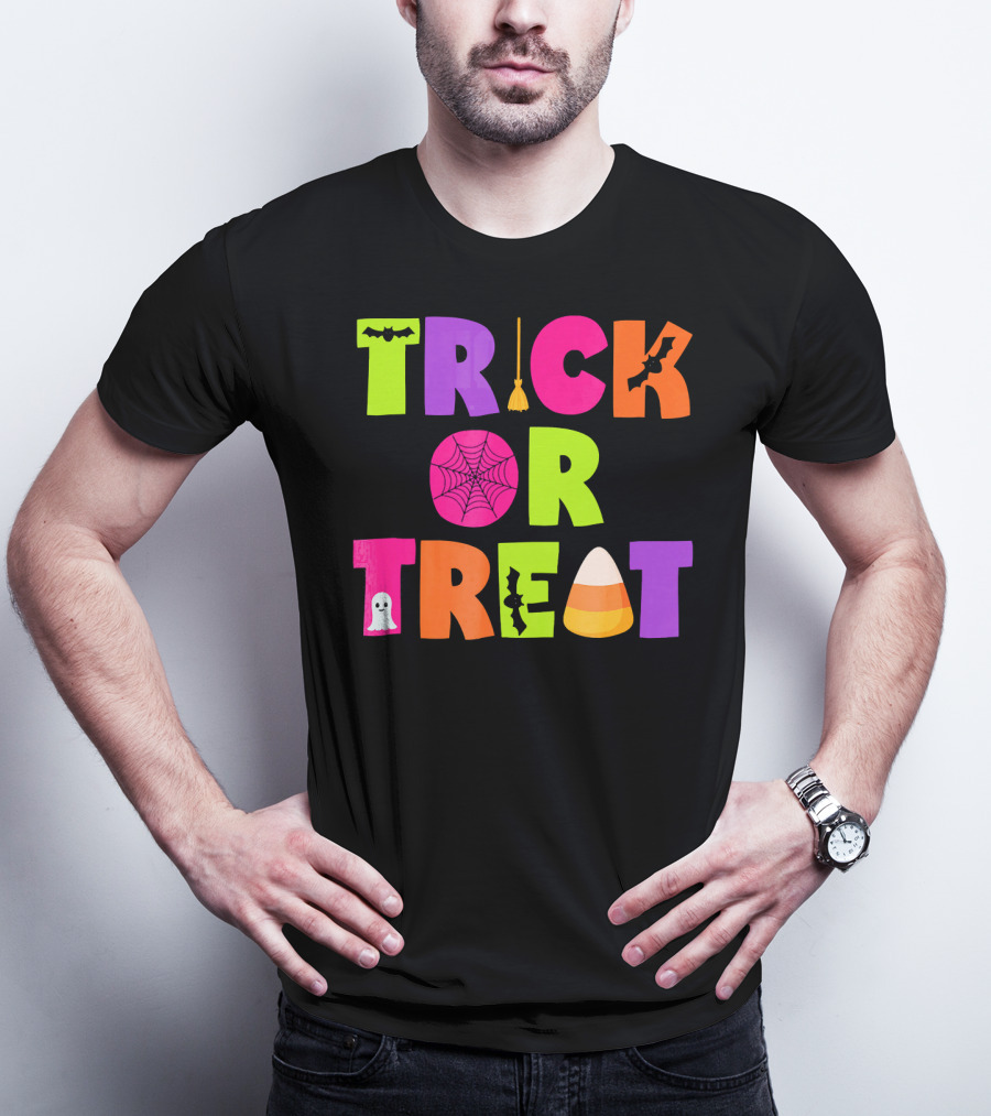 Trick Or Treat Bat Broom Spiderweb Ghost Candy Corn Halloween T-Shirt