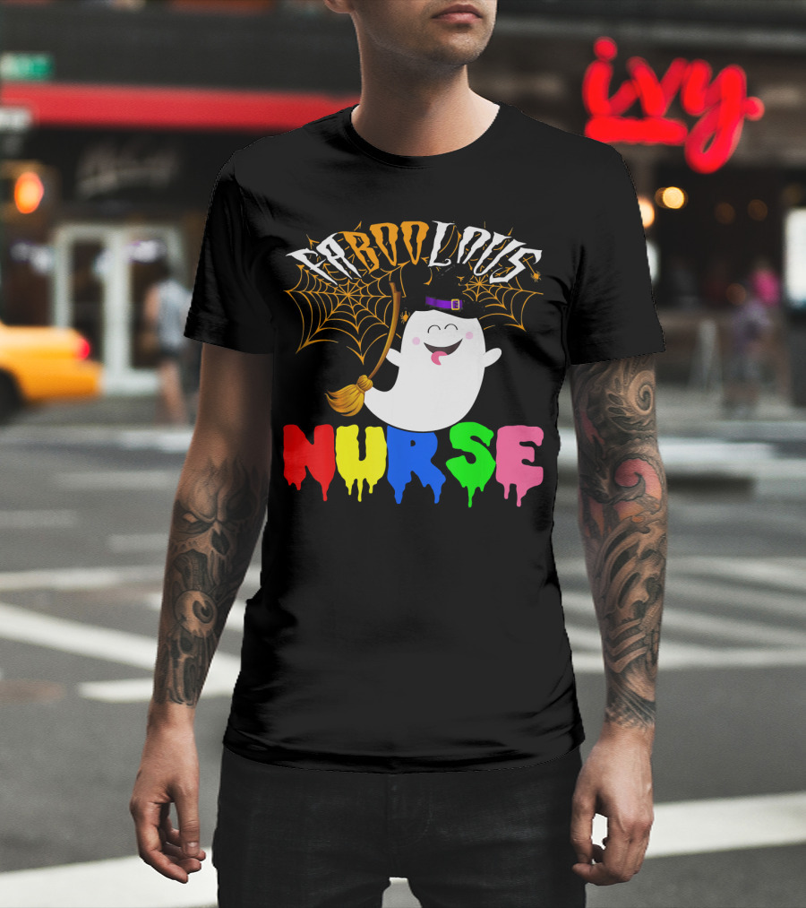 Faboolous Nurse Ghost With Witch Hat And Broom Halloween T-Shirt