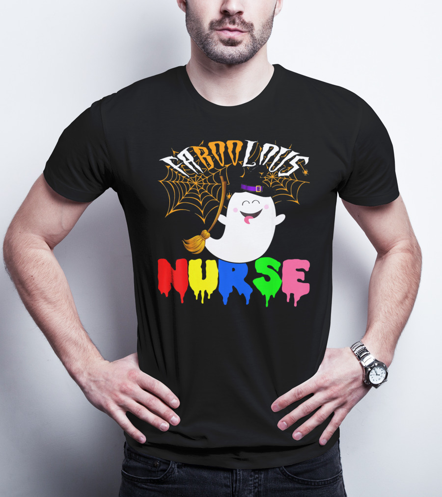 Faboolous Nurse Ghost With Witch Hat And Broom Halloween T-Shirt