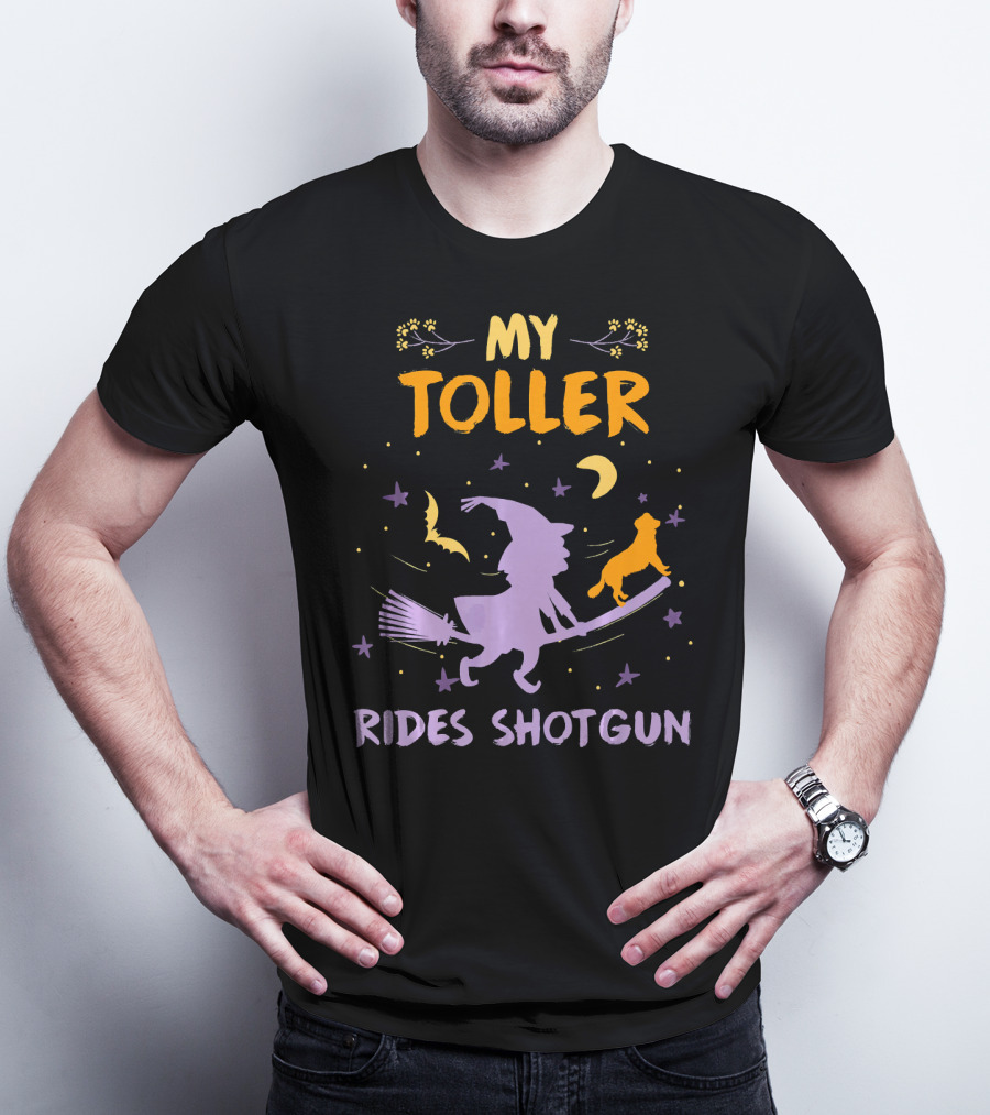 My Toller Rides Shotgun Halloween Witch And Dog Moon Stars T-Shirt