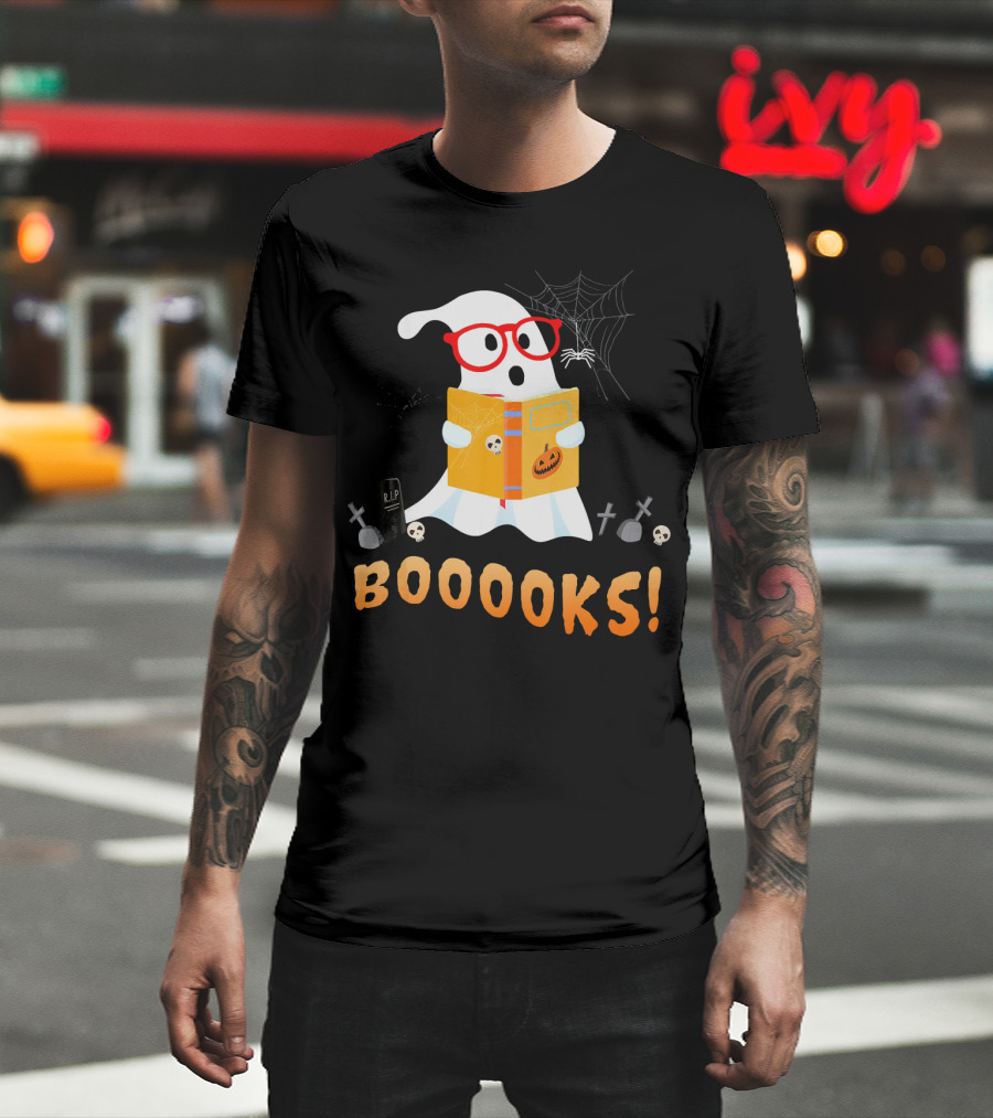 BOOOOKS Funny Teacher Halloween Ghost Reads With Spider Webs T-Shirt