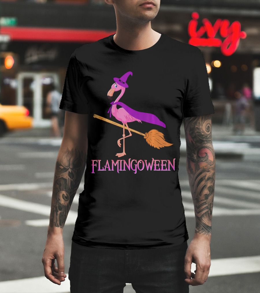 Flamingoween Witch Flamingo Riding Broomstick T-Shirt