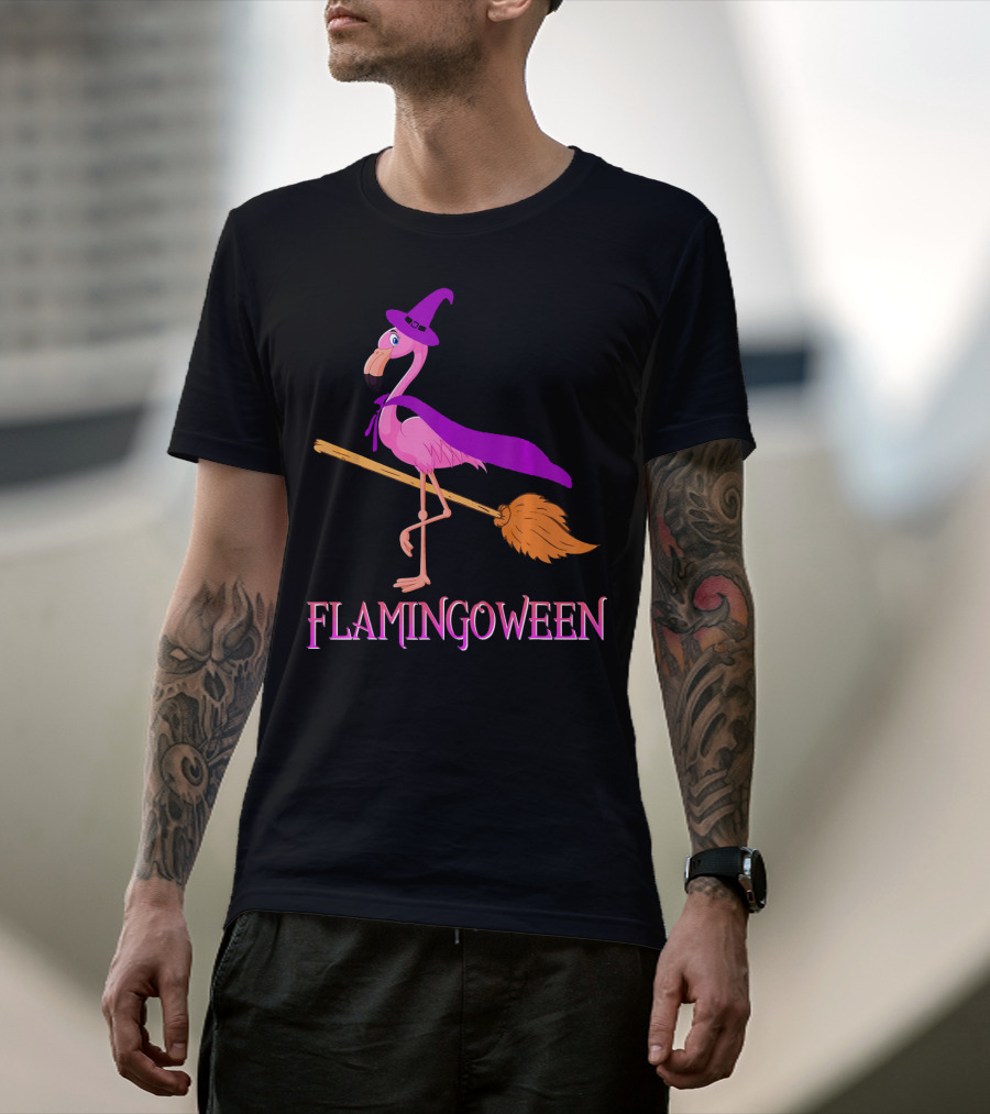 Flamingoween Witch Flamingo Riding Broomstick T-Shirt