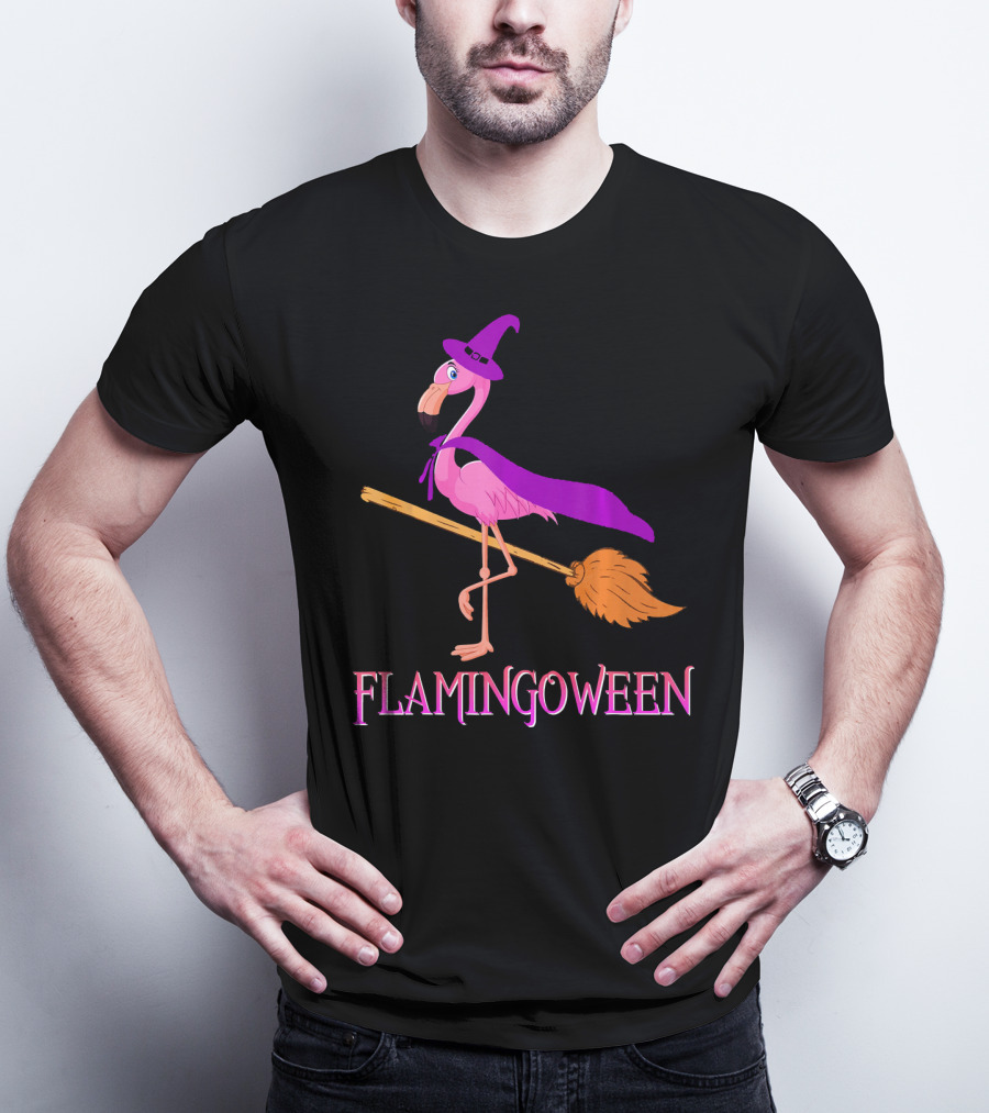 Flamingoween Witch Flamingo Riding Broomstick T-Shirt