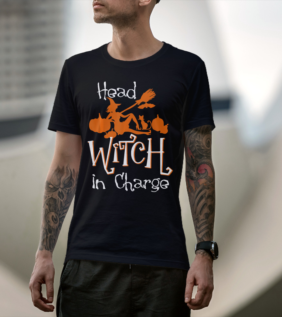 Head Witch In Charge Funny Halloween Pumpkins Broomstick Cat T-Shirt