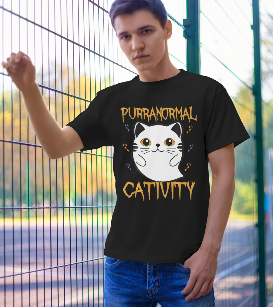 Purranormal Cativity Ghostly Cat Boo With Candy Corn T-Shirt