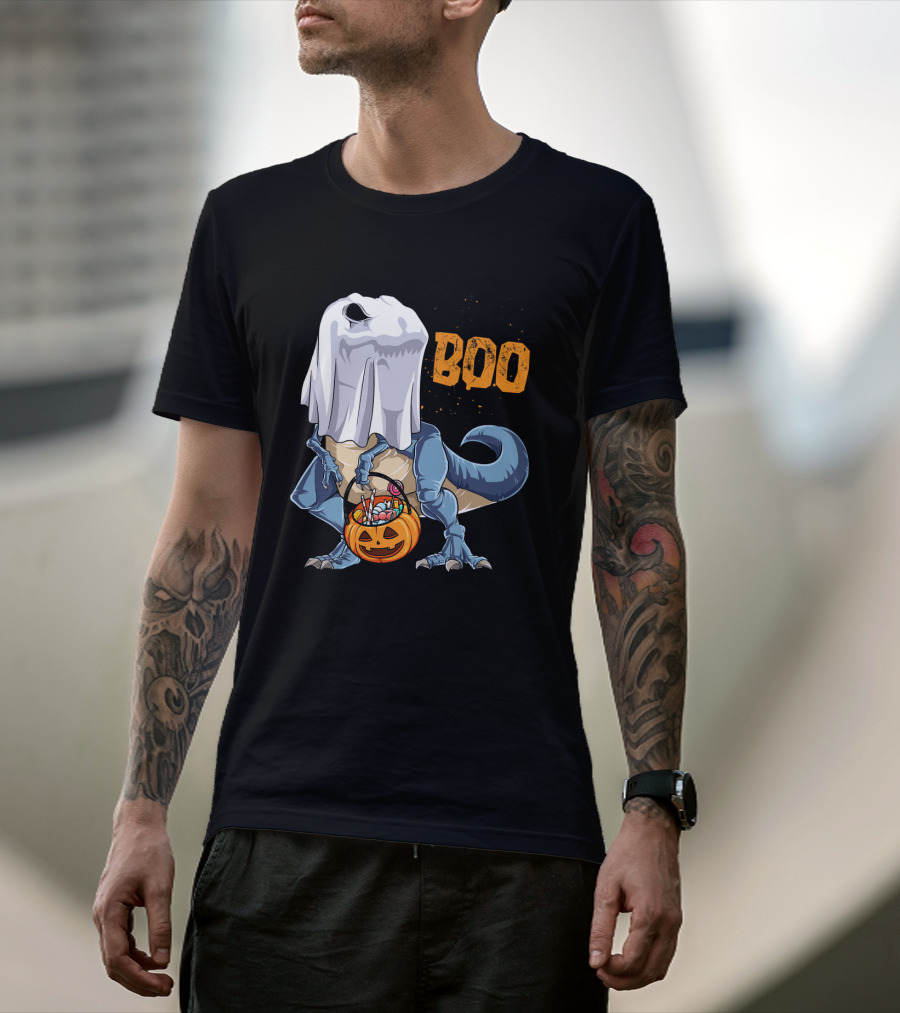 Ghost Dinosaur Rex Boo Halloween Candy Pumpkin T-Shirt