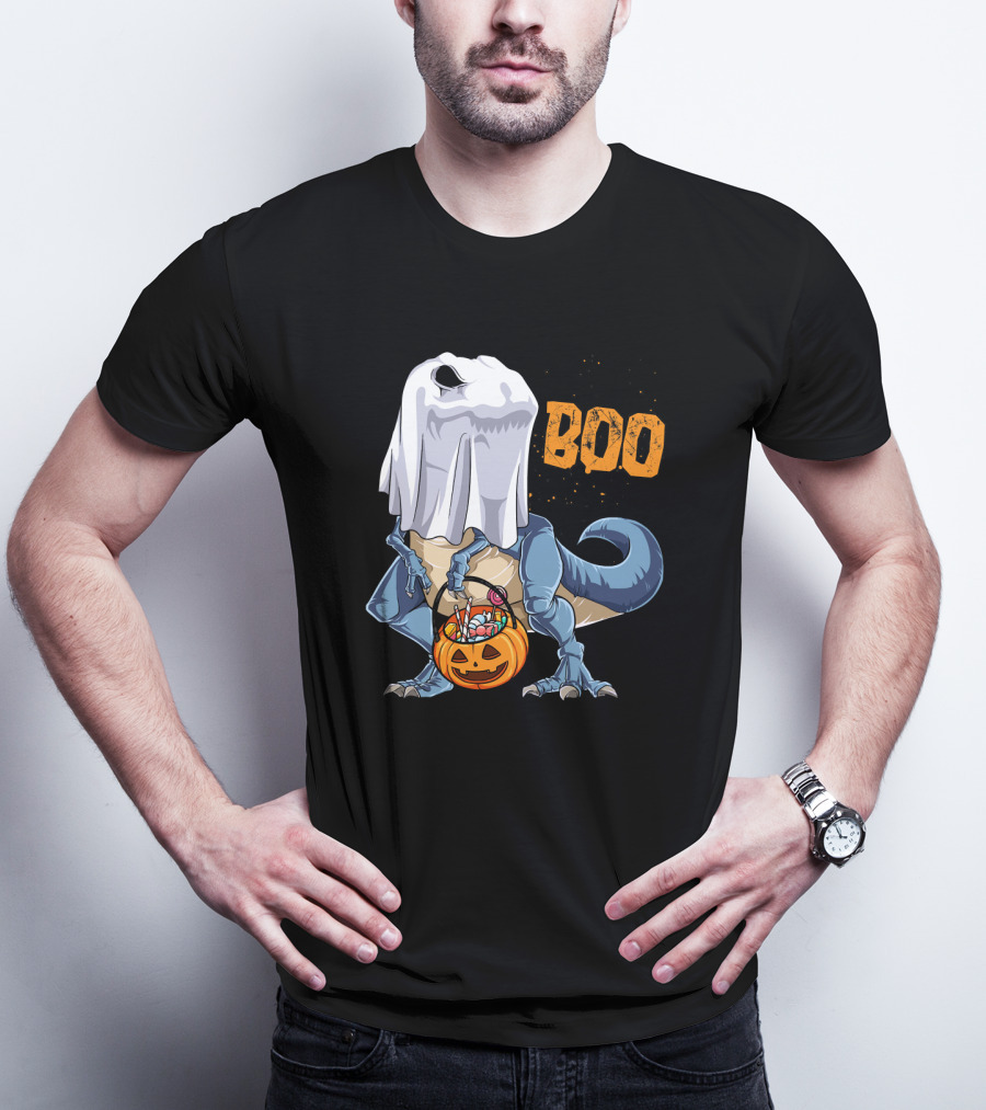 Ghost Dinosaur Rex Boo Halloween Candy Pumpkin T-Shirt