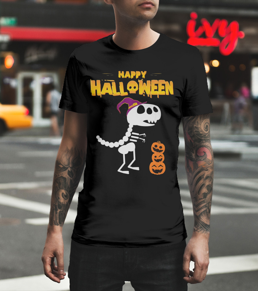 Happy Halloween Funny Rex Skeleton With Witch Hat And Pumpkins T-Shirt