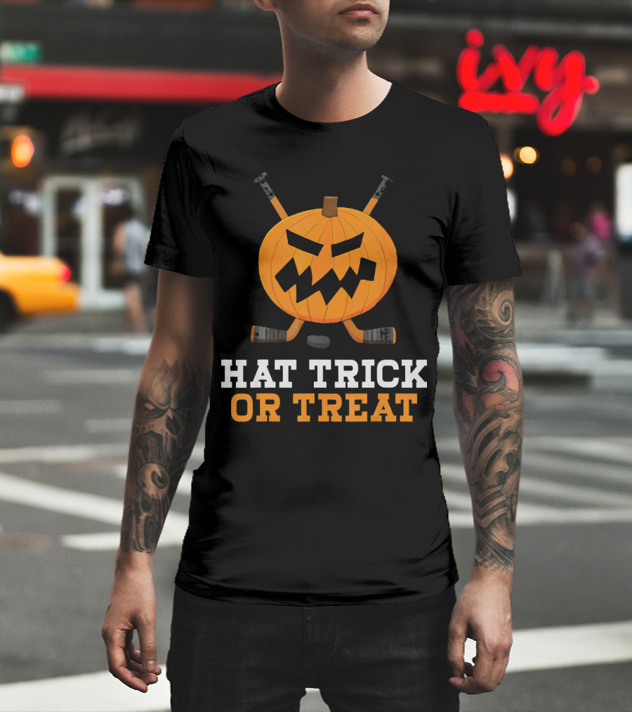 Hat Trick Or Treat Pumpkin Hockey Sticks Face T-Shirt