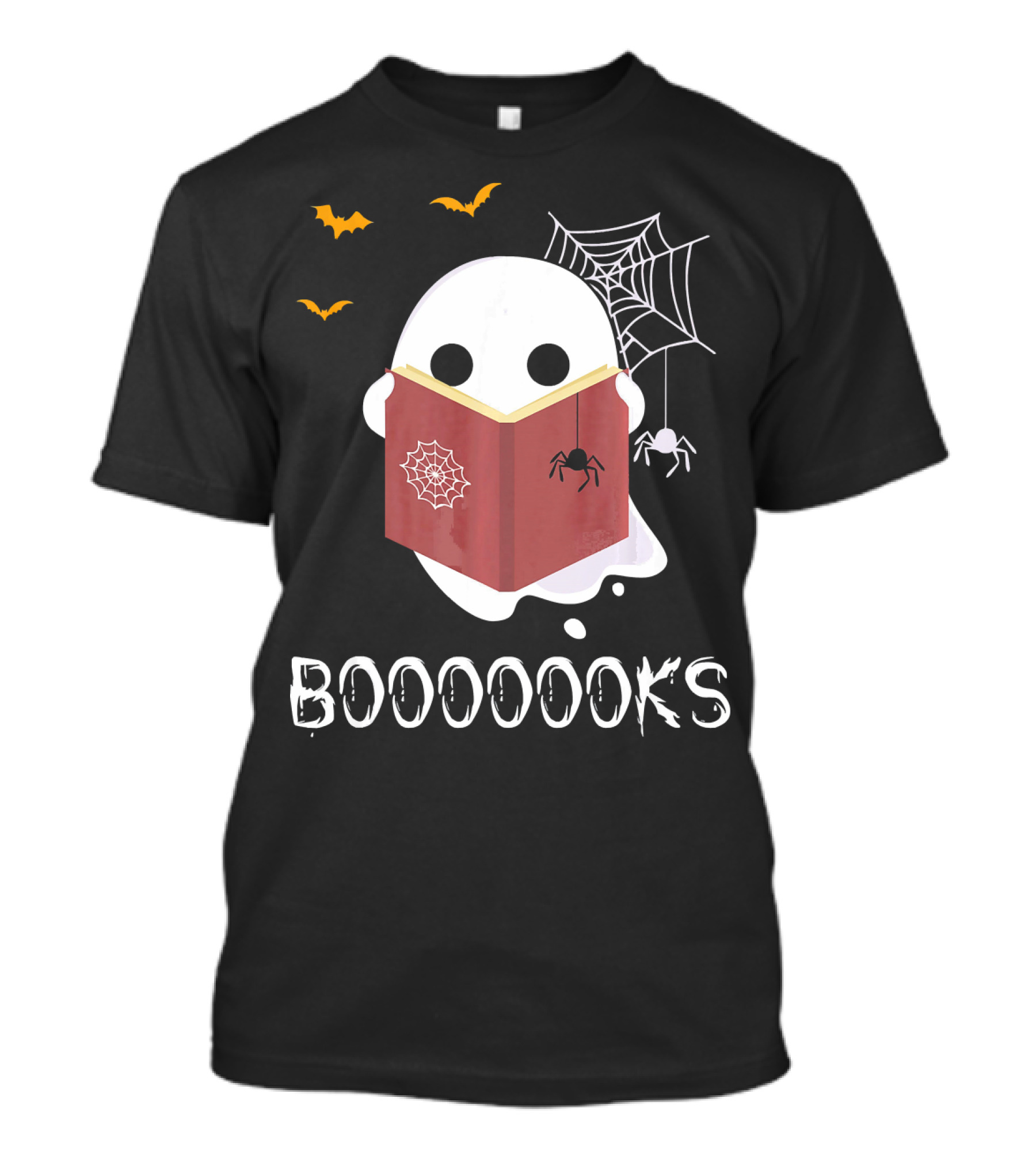 Booooooks Funny Boo Read Books Reading Ghost Spider Web Bats T-Shirt