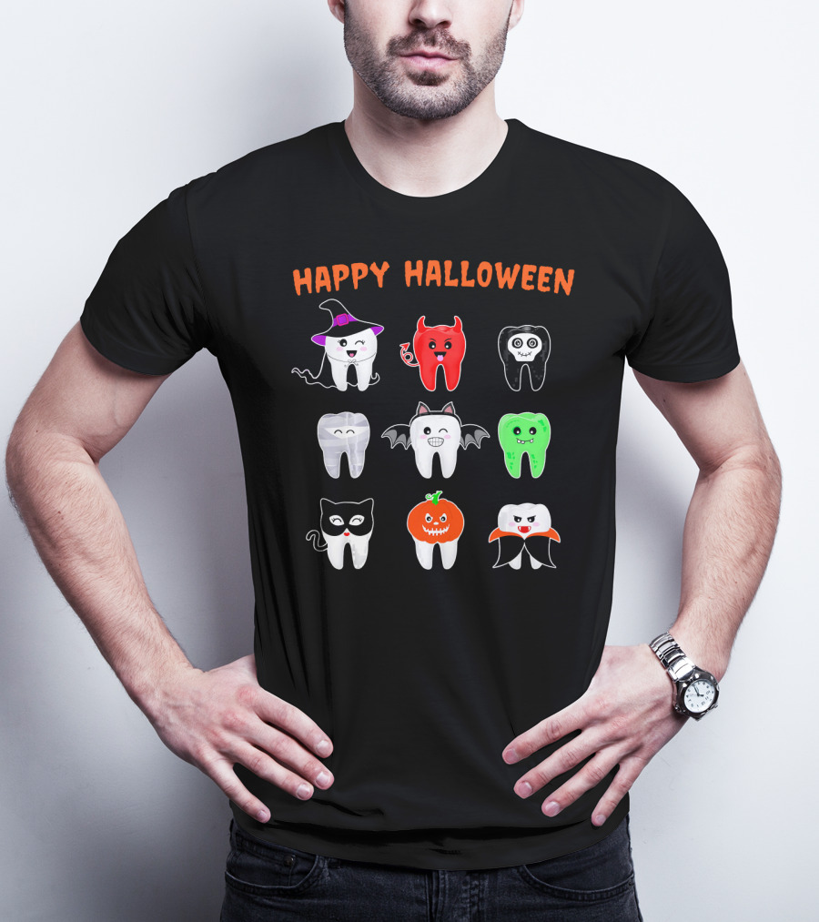 Happy Halloween Cute Tooth Monsters In Costume T-Shirt