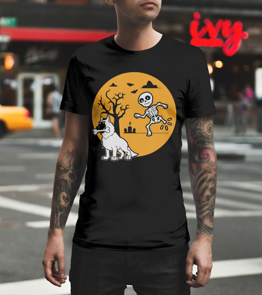 Belgian Malinois Skeleton Bone Halloween Moon Graveyard Scene T-Shirt