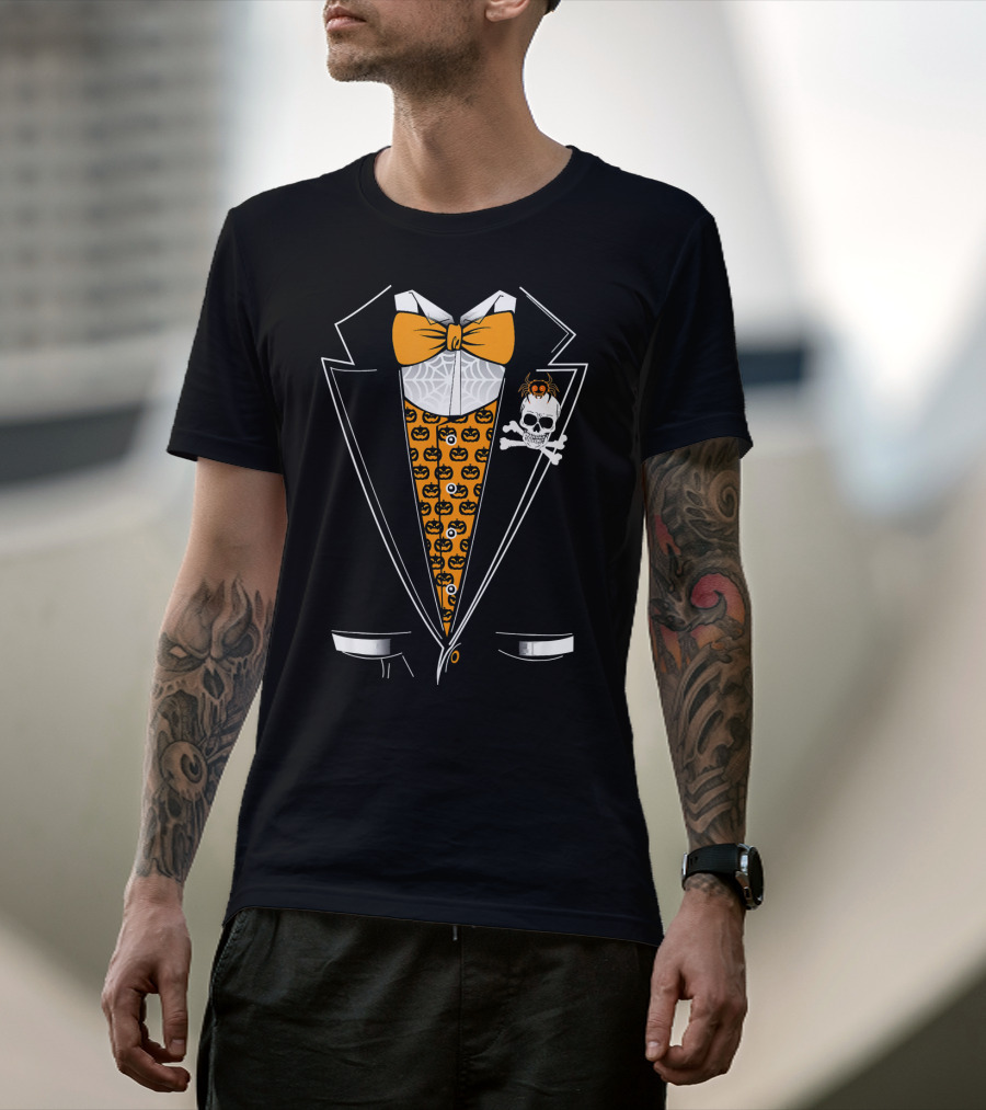 Halloween Tuxedo 3D Style Skull Pumpkin Spider Bowtie T-Shirt