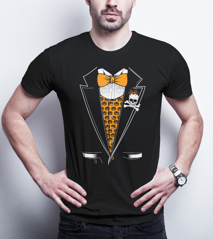Halloween Tuxedo 3D Style Skull Pumpkin Spider Bowtie T-Shirt